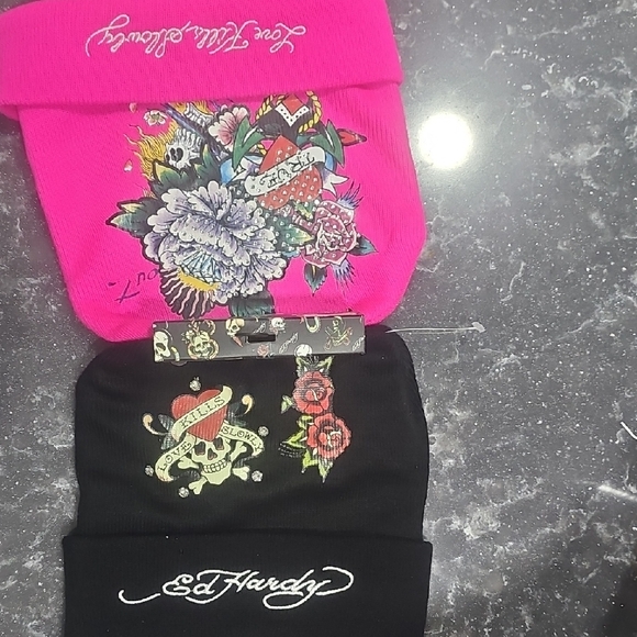 Ed Hardy | Accessories | Ed Hardy Pink Beanie 1 Black Beanie Floral ...